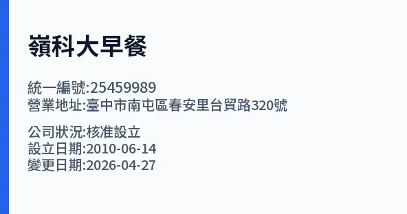 嶺科大早餐的照片-統編 25459989(臺中市) 公司登記資料與營業項目詳細圖表