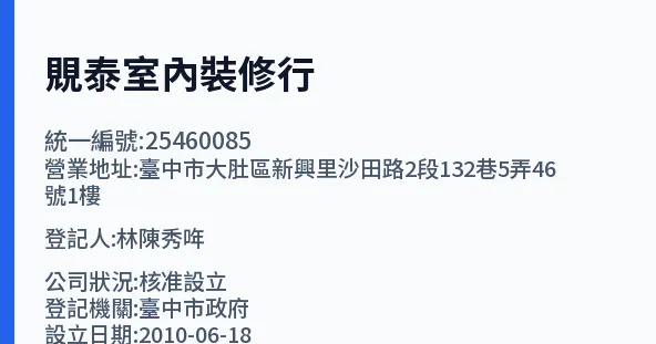 覞泰室內裝修行的照片-統編 25460085(臺中市) 公司登記資料與營業項目詳細圖表