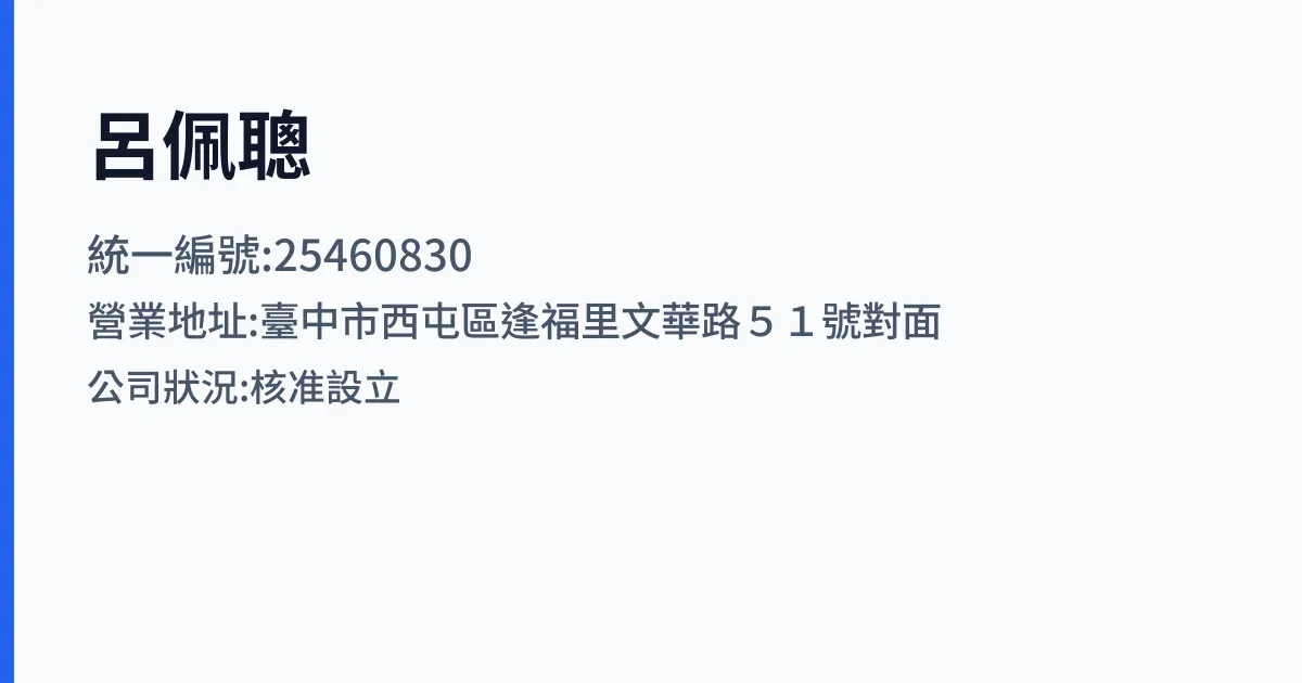呂佩聰 - 統編 25460830(臺中市) 公司登記資料與營業項目詳細圖表