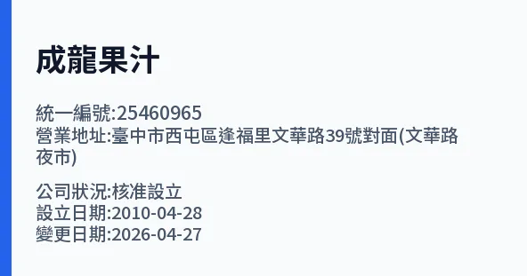 成龍果汁的照片-統編 25460965(臺中市) 公司登記資料與營業項目詳細圖表