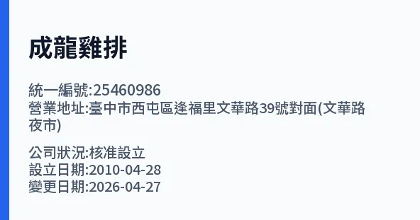 成龍雞排的照片-統編 25460986(臺中市) 公司登記資料與營業項目詳細圖表