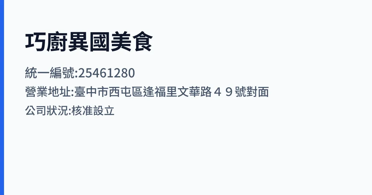巧廚異國美食 - 統編 25461280(臺中市) 公司登記資料與營業項目詳細圖表