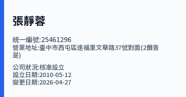 張靜蓉的照片-統編 25461296(臺中市) 公司登記資料與營業項目詳細圖表