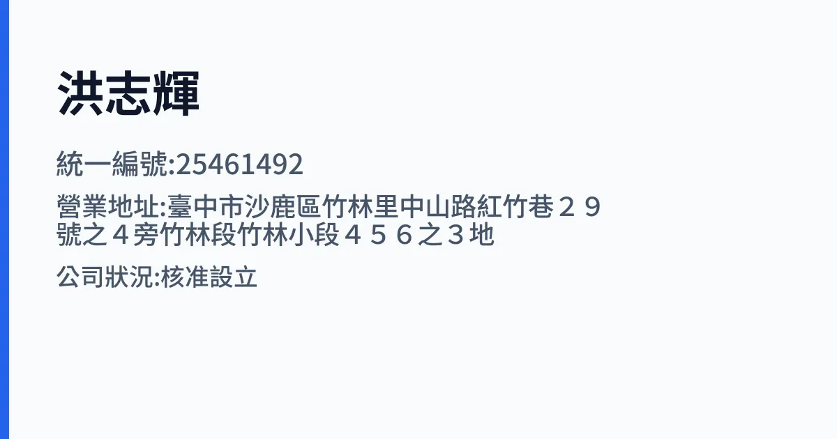 洪志輝 - 統編 25461492(臺中市) 公司登記資料與營業項目詳細圖表