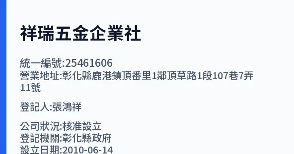祥瑞五金企業社的照片-統編 25461606(彰化縣) 公司登記資料與營業項目詳細圖表