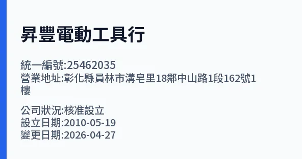 昇豐電動工具行的照片-統編 25462035(彰化縣) 公司登記資料與營業項目詳細圖表