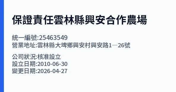 保證責任雲林縣興安合作農場的照片-統編 25463549(雲林縣) 公司登記資料與營業項目詳細圖表