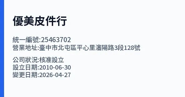 優美皮件行的照片-統編 25463702(臺中市) 公司登記資料與營業項目詳細圖表