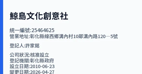 鯨島文化創意社的照片-統編 25464625(彰化縣) 公司登記資料與營業項目詳細圖表