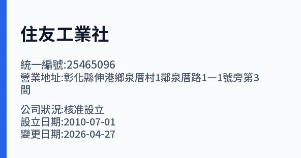 住友工業社的照片-統編 25465096(彰化縣) 公司登記資料與營業項目詳細圖表