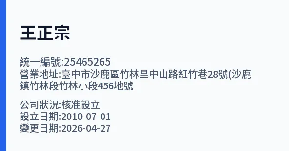 王正宗的照片-統編 25465265(臺中市) 公司登記資料與營業項目詳細圖表