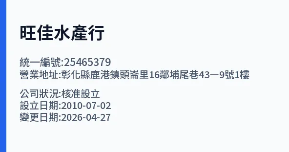 旺佳水產行的照片-統編 25465379(彰化縣) 公司登記資料與營業項目詳細圖表