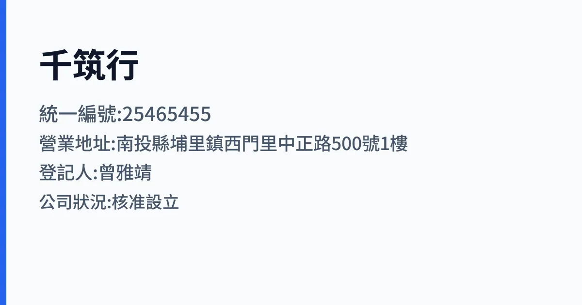 千筑行 - 統編 25465455(南投縣) 公司登記資料與營業項目詳細圖表