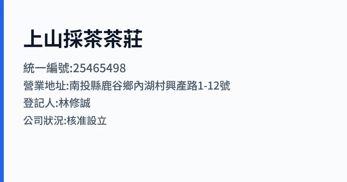 上山採茶茶莊 - 統編 25465498(南投縣) 公司登記資料與營業項目詳細圖表