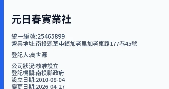 元日春實業社的照片-統編 25465899(南投縣) 公司登記資料與營業項目詳細圖表