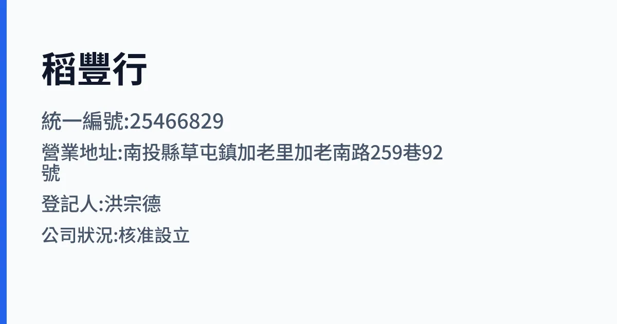 稻豐行 - 統編 25466829(南投縣) 公司登記資料與營業項目詳細圖表