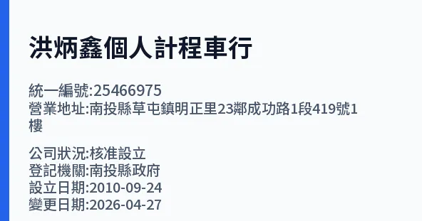 洪炳鑫個人計程車行的照片-統編 25466975(南投縣) 公司登記資料與營業項目詳細圖表
