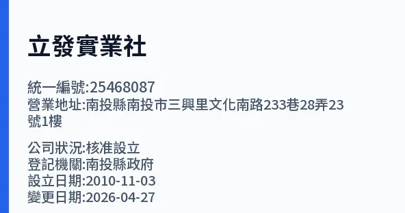 立發實業社的照片-統編 25468087(南投縣) 公司登記資料與營業項目詳細圖表