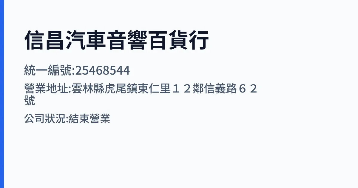 信昌汽車音響百貨行 - 統編 25468544（雲林縣） 公司登記資料與營業項目詳細圖表