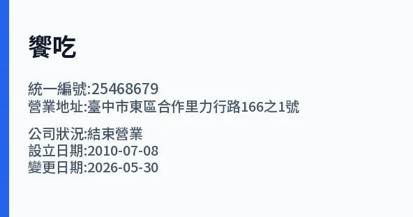 饗吃的照片-統編 25468679(臺中市) 公司登記資料與營業項目詳細圖表
