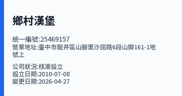 鄉村漢堡的照片-統編 25469157(臺中市) 公司登記資料與營業項目詳細圖表