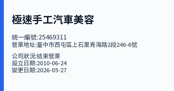 極速手工汽車美容的照片-統編 25469311(臺中市) 公司登記資料與營業項目詳細圖表