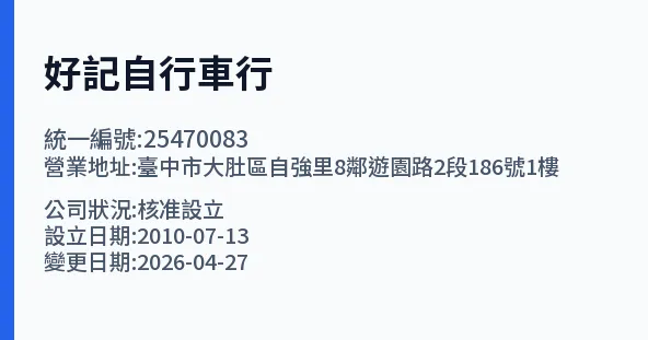 好記自行車行的照片-統編 25470083(臺中市) 公司登記資料與營業項目詳細圖表