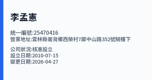 李孟憲的照片-統編 25470416(雲林縣) 公司登記資料與營業項目詳細圖表