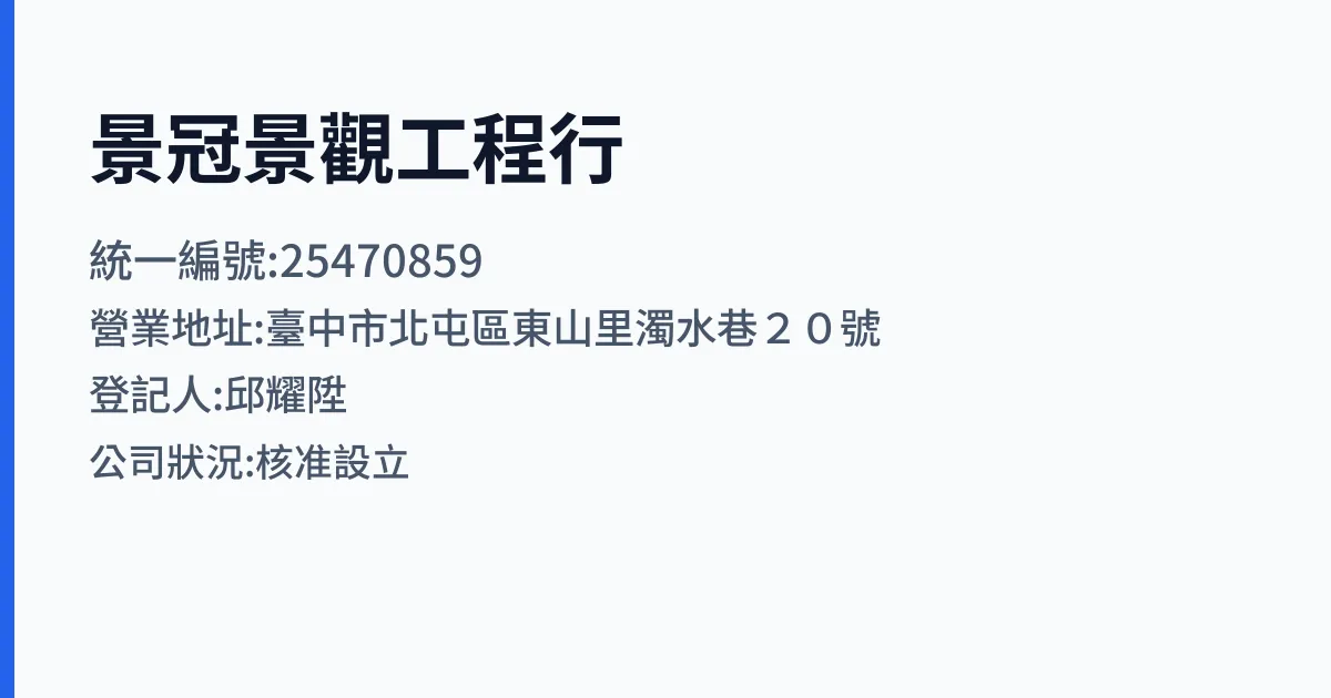 景冠景觀工程行 - 統編 25470859（臺中市） 公司登記資料與營業項目詳細圖表