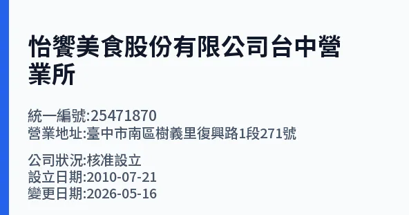 怡饗美食股份有限公司台中營業所的照片-統編 25471870(臺中市) 公司登記資料與營業項目詳細圖表