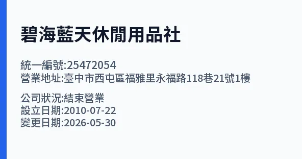 碧海藍天休閒用品社的照片-統編 25472054(臺中市) 公司登記資料與營業項目詳細圖表