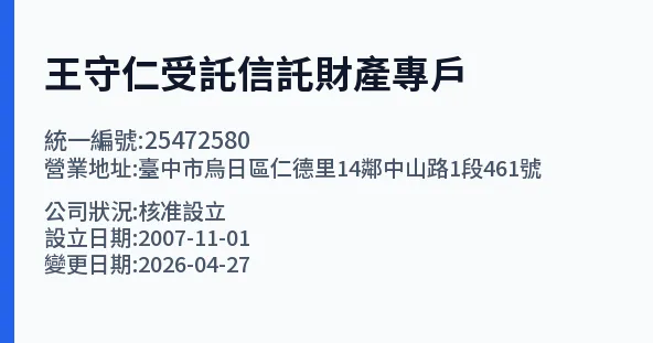 王守仁受託信託財產專戶的照片-統編 25472580(臺中市) 公司登記資料與營業項目詳細圖表