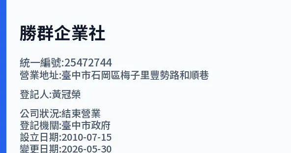 勝群企業社的照片-統編 25472744(臺中市) 公司登記資料與營業項目詳細圖表