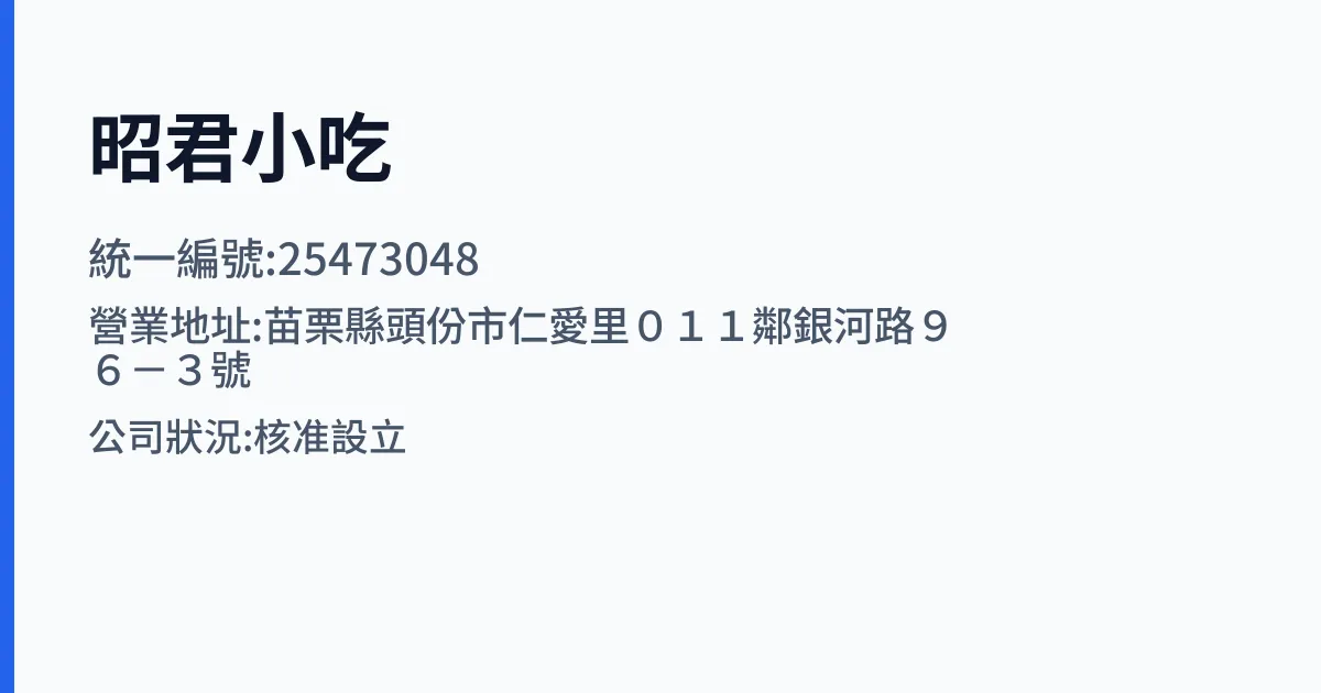 昭君小吃 - 統編 25473048(苗栗縣) 公司登記資料與營業項目詳細圖表