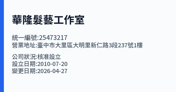 華隆髮藝工作室的照片-統編 25473217(臺中市) 公司登記資料與營業項目詳細圖表