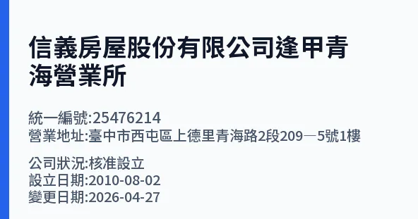 信義房屋股份有限公司逢甲青海營業所的照片-統編 25476214(臺中市) 公司登記資料與營業項目詳細圖表