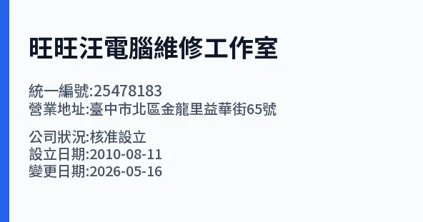 旺旺汪電腦維修工作室的照片-統編 25478183(臺中市) 公司登記資料與營業項目詳細圖表