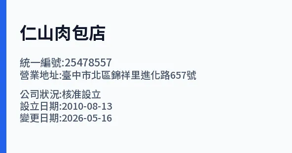 仁山肉包店的照片-統編 25478557(臺中市) 公司登記資料與營業項目詳細圖表