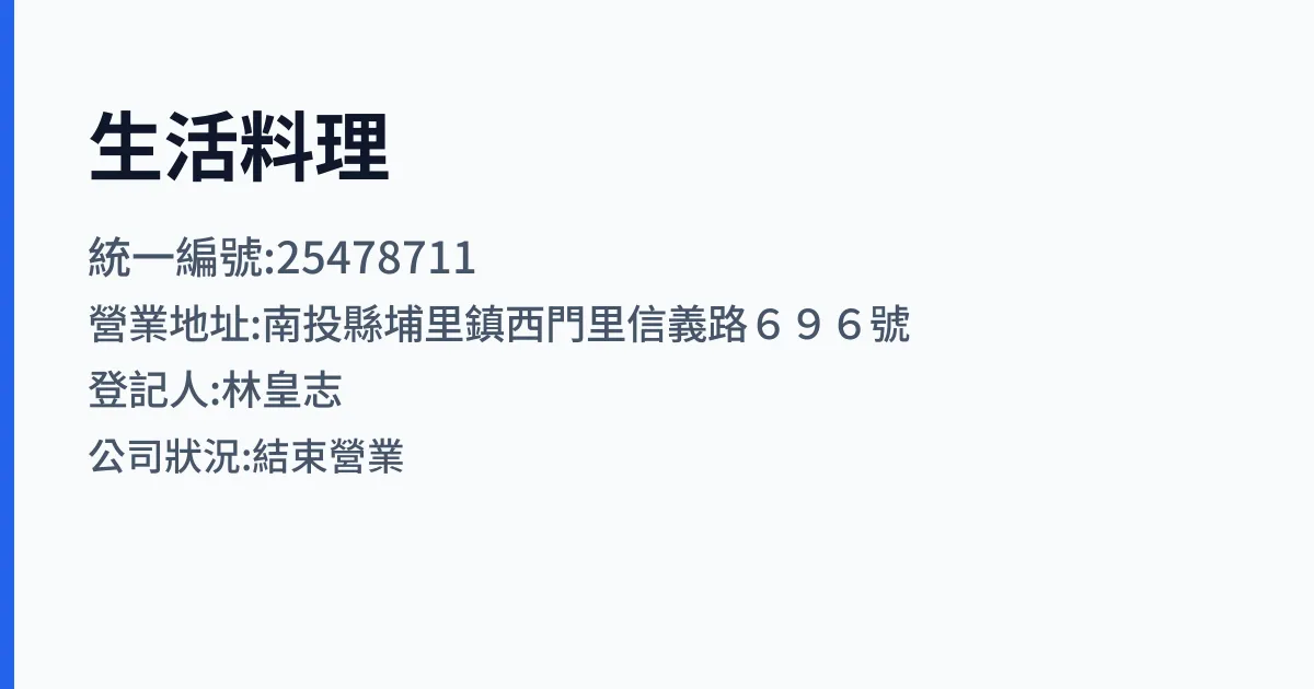 生活料理 - 統編 25478711(南投縣) 公司登記資料與營業項目詳細圖表