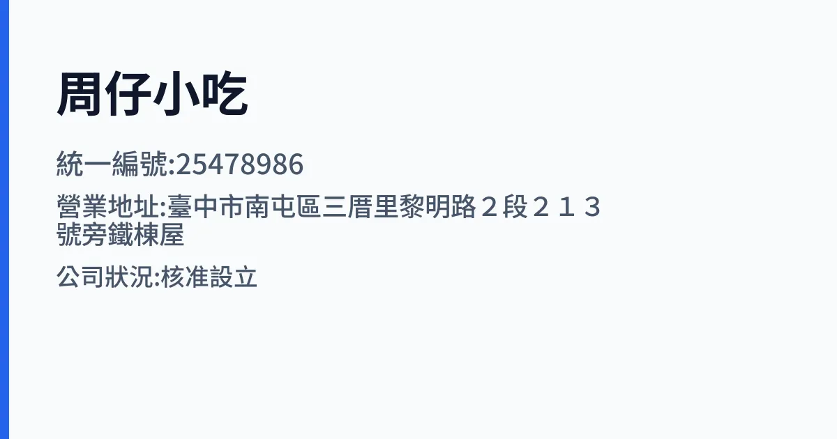 周仔小吃 - 統編 25478986(臺中市) 公司登記資料與營業項目詳細圖表