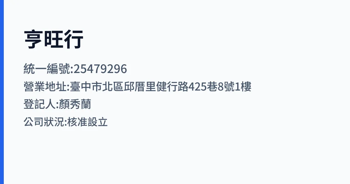亨旺行 - 統編 25479296(臺中市) 公司登記資料與營業項目詳細圖表