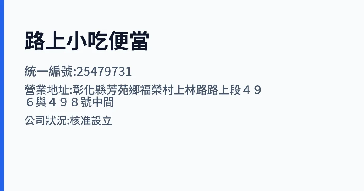 路上小吃便當 - 統編 25479731(彰化縣) 公司登記資料與營業項目詳細圖表