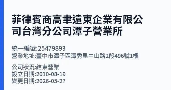 菲律賓商高聿遠東企業有限公司台灣分公司潭子營業所的照片-統編 25479893(臺中市) 公司登記資料與營業項目詳細圖表