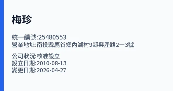 梅珍的照片-統編 25480553(南投縣) 公司登記資料與營業項目詳細圖表