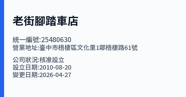 老街腳踏車店的照片-統編 25480630(臺中市) 公司登記資料與營業項目詳細圖表