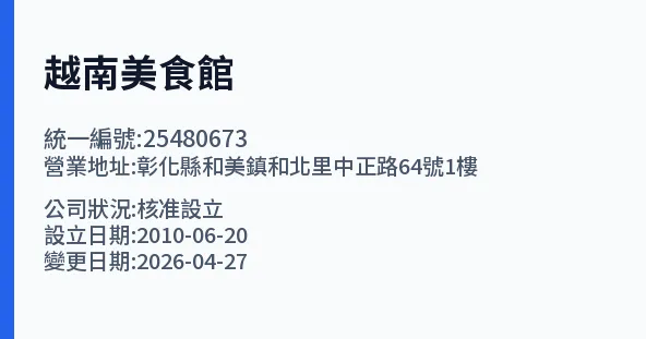 越南美食館的照片-統編 25480673(彰化縣) 公司登記資料與營業項目詳細圖表