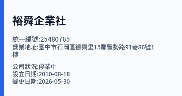 裕舜企業社的照片-統編 25480765(臺中市) 公司登記資料與營業項目詳細圖表