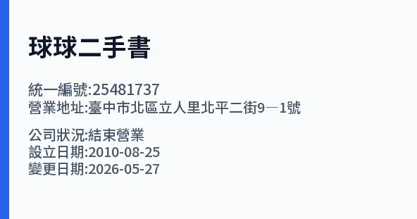 球球二手書的照片-統編 25481737(臺中市) 公司登記資料與營業項目詳細圖表