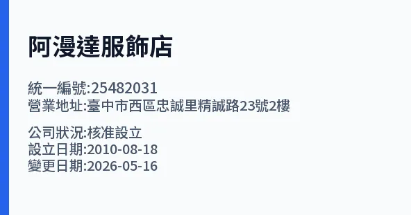 阿漫達服飾店的照片-統編 25482031(臺中市) 公司登記資料與營業項目詳細圖表