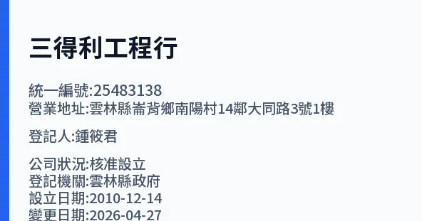 三得利工程行的照片-統編 25483138(雲林縣) 公司登記資料與營業項目詳細圖表